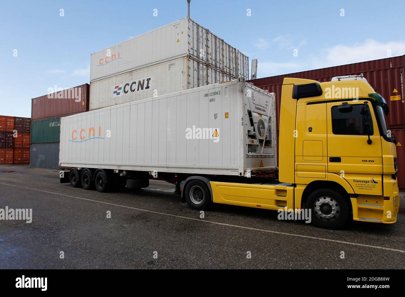 Marín-Spain Commercial transport truck loaded with a container at the ...