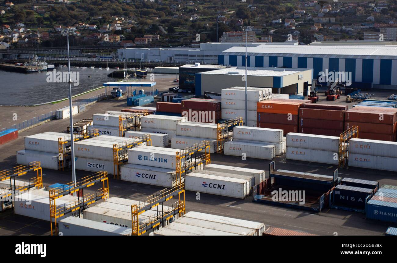 Marín-Spain Aerial view of stacked containers in the multimodal ...