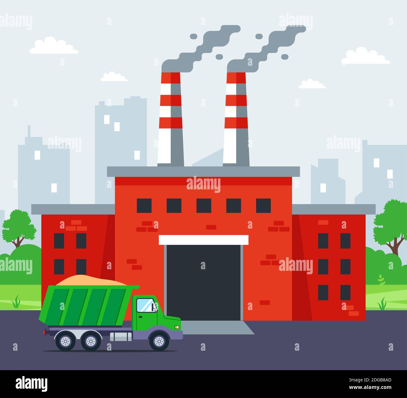 red brick factory with smoking chimneys on the background of the city ...
