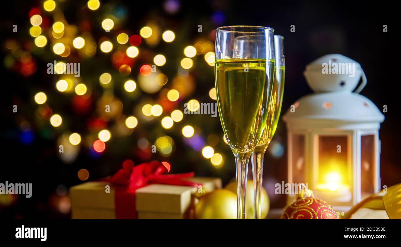 Christmas background with decoration and champagne. Selective focus ...
