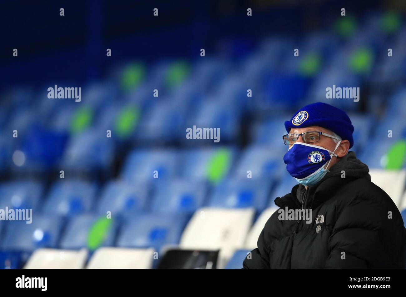 A Chelsea fan in the stands wearing a face mask before the Champions ...