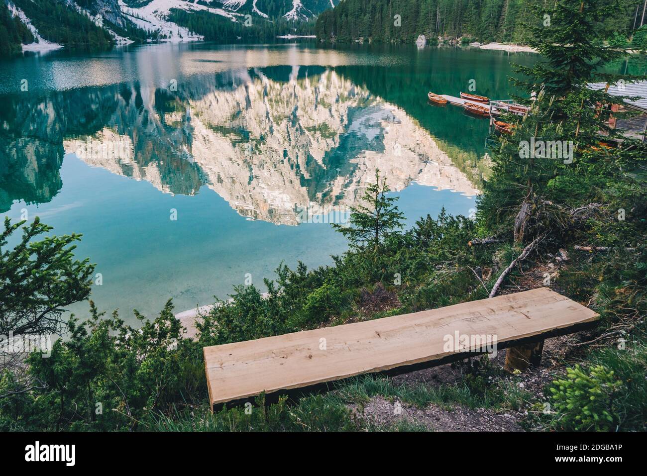 landscape view of alpine lake summer time. reflection in water surface ...