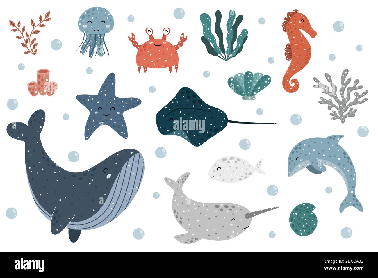 Cute collection of sea animals with: jellyfish, crab, seaweed, marine ...