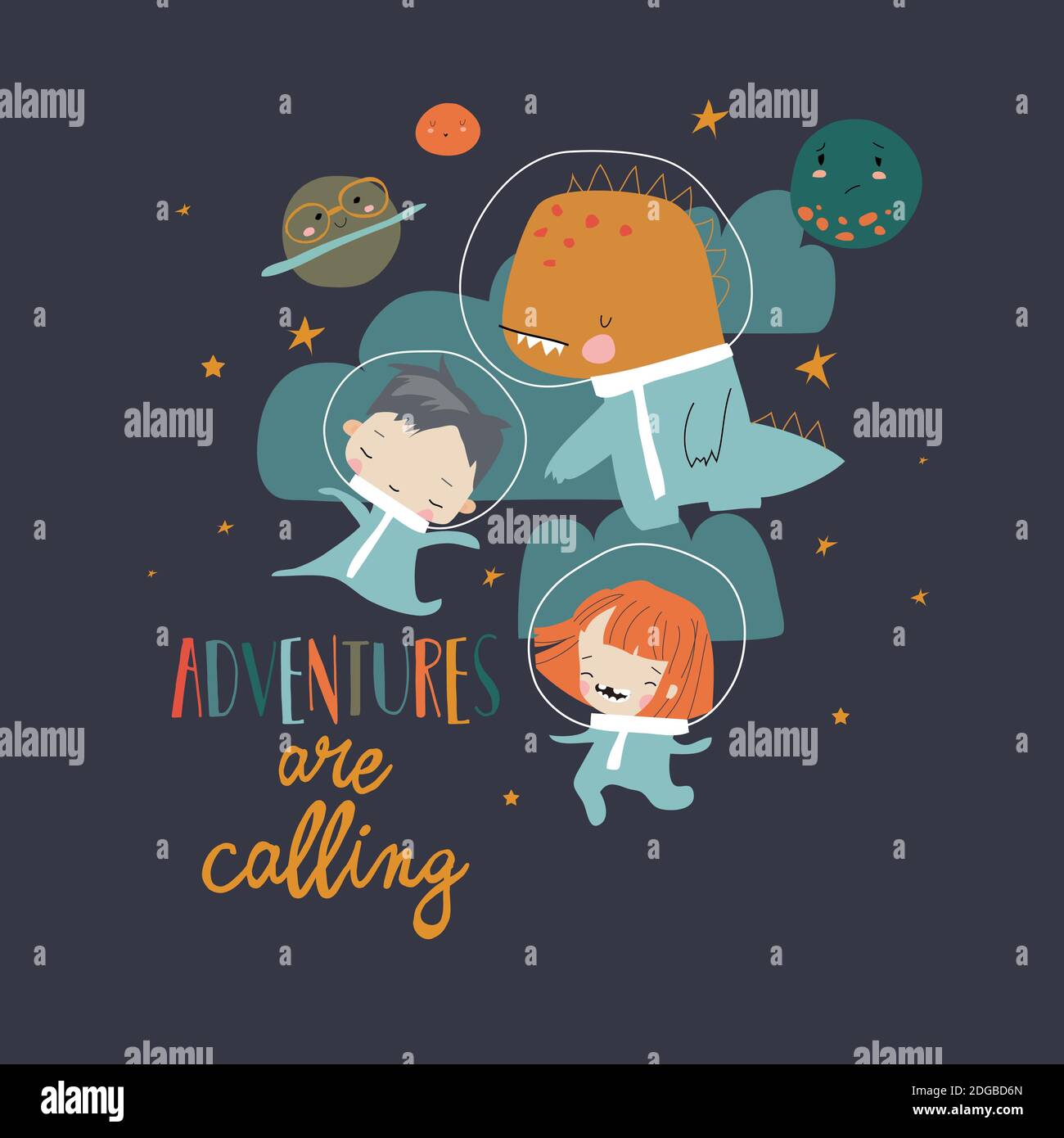 Happy kids flying in cosmos with funny dinosaur Stock Vector Image ...