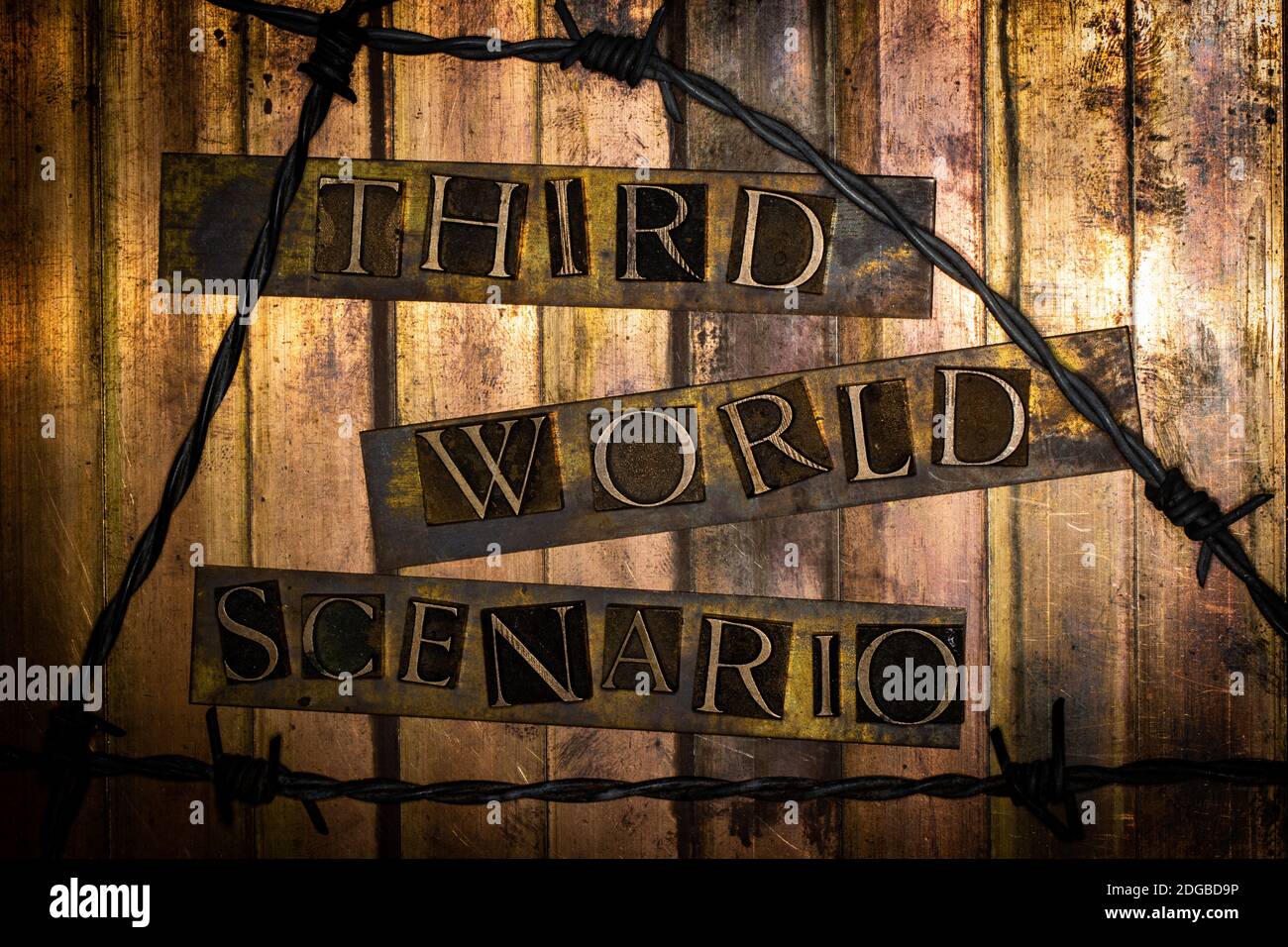 Third World Scenario text over barbed wire on grunge bronze with ...