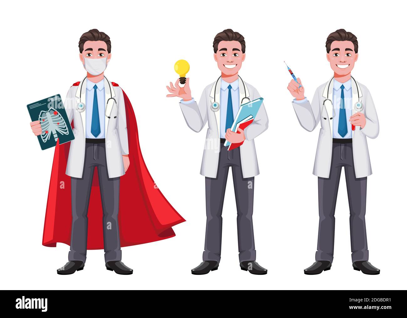 Stock vector cheerful doctor cartoon character, set of three poses ...