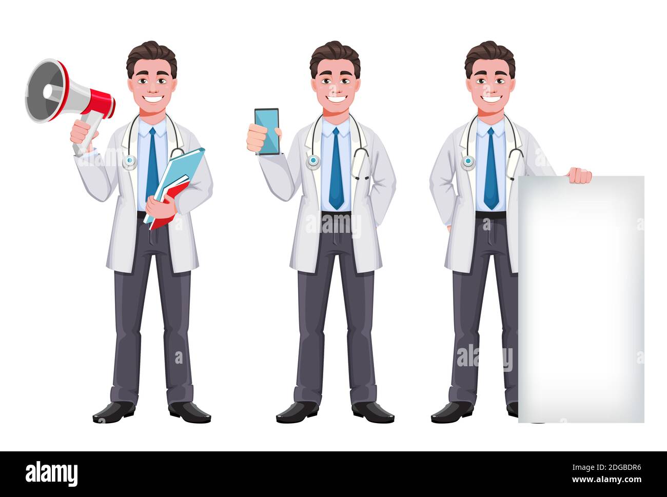 Stock vector cheerful doctor cartoon character, set of three poses ...