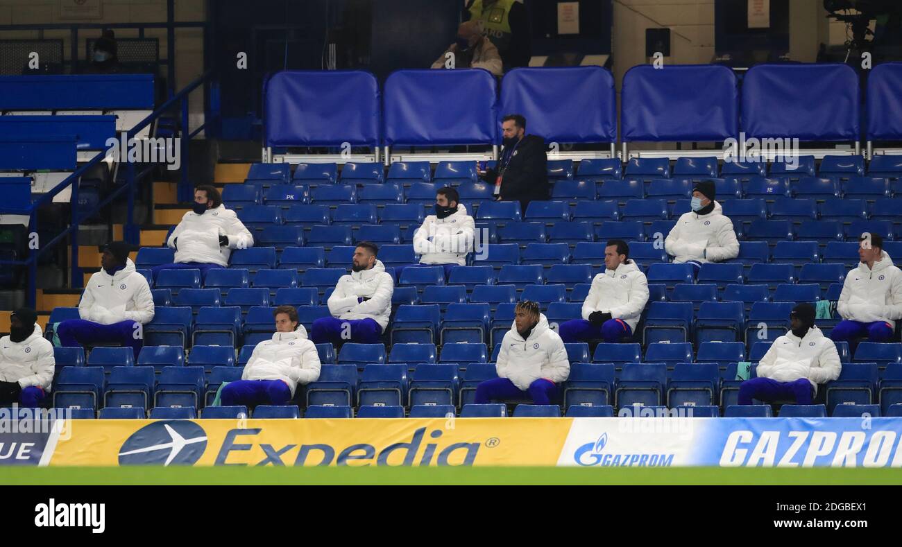 Chelsea subs socially distancing on the bench during the Champions ...