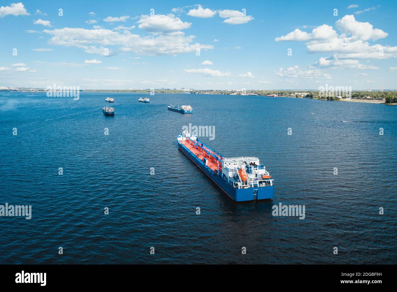 Self-propelled scow on the river with cargo aerial view Stock Photo - Alamy