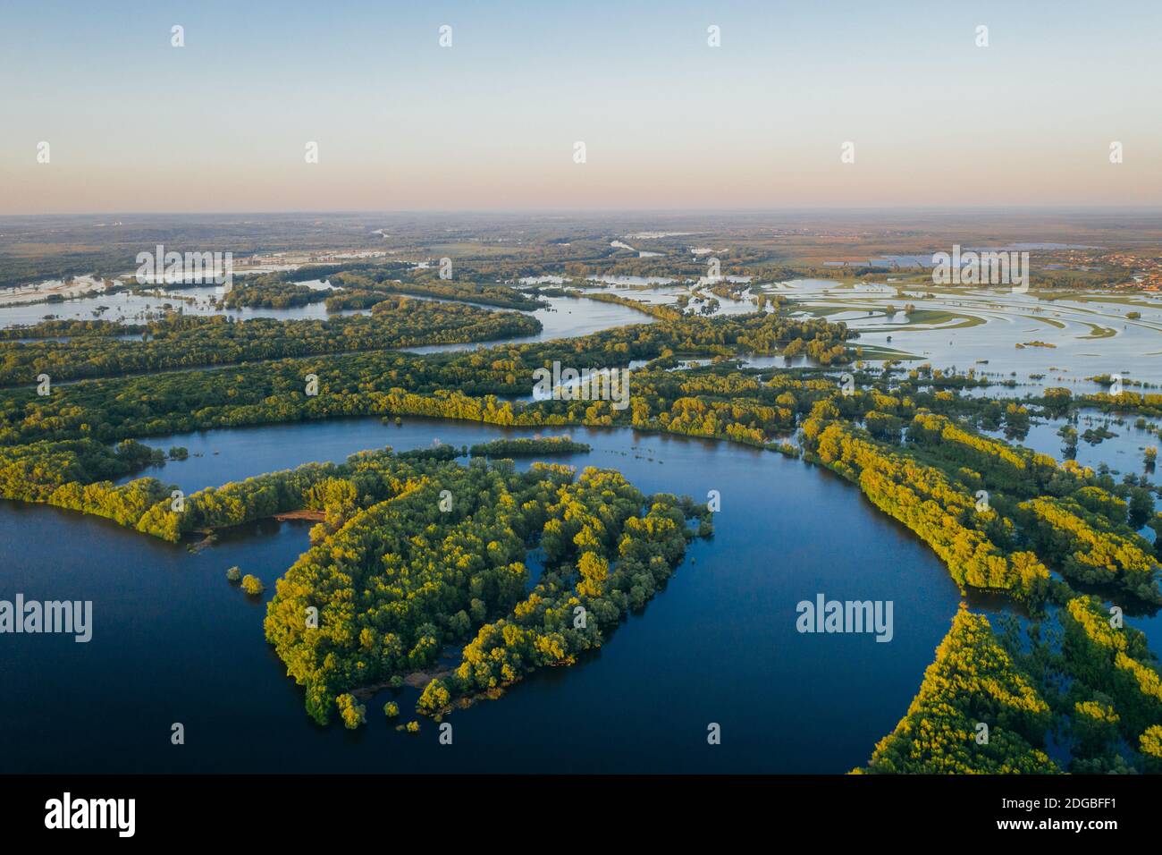 River land aerial view with blue water and green trees aroun Stock ...