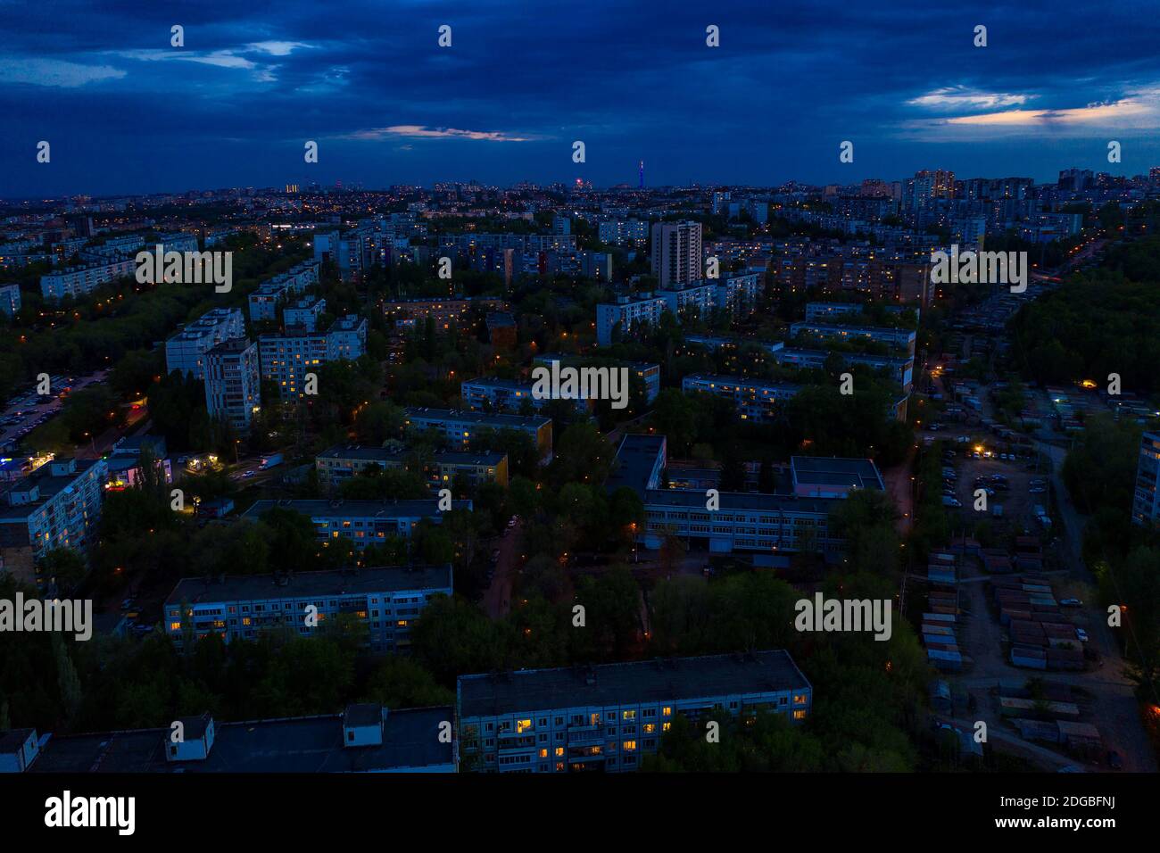 Old ex USSR city panel buildings at night aerial view Stock Photo - Alamy