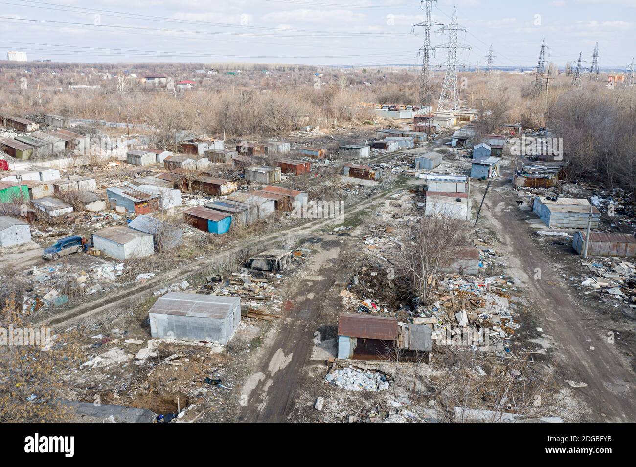 Waste abandon area, industrial garage zone with many garbage Stock ...