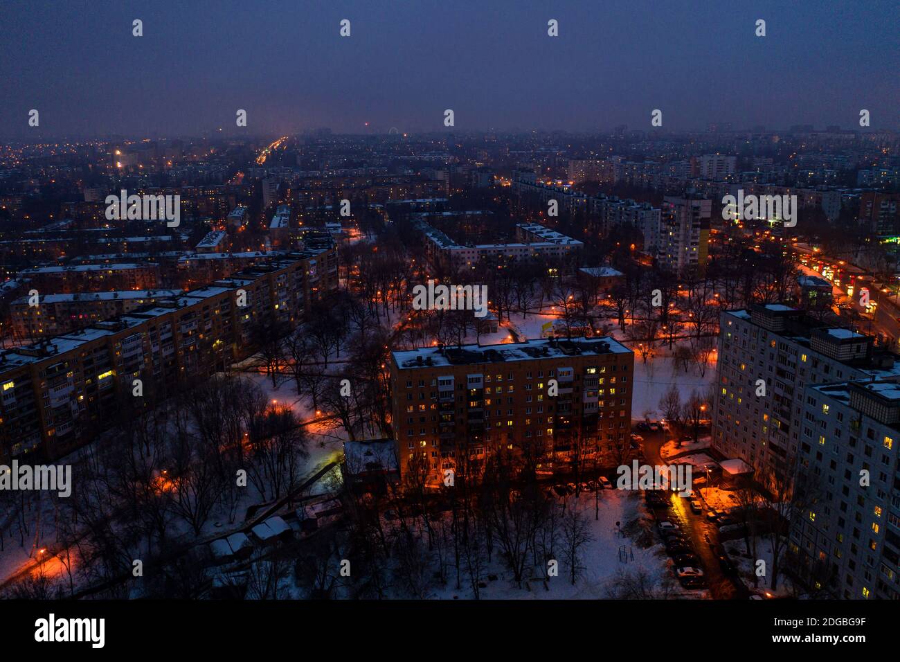 Samara city at winter night, panorama on buildings of Samara aerial ...