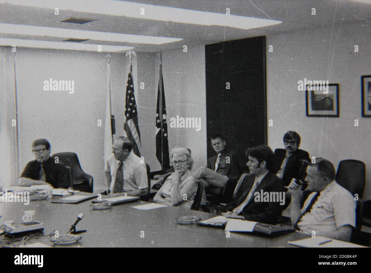 Fine 1970s vintage black and white photography of a business meeting ...