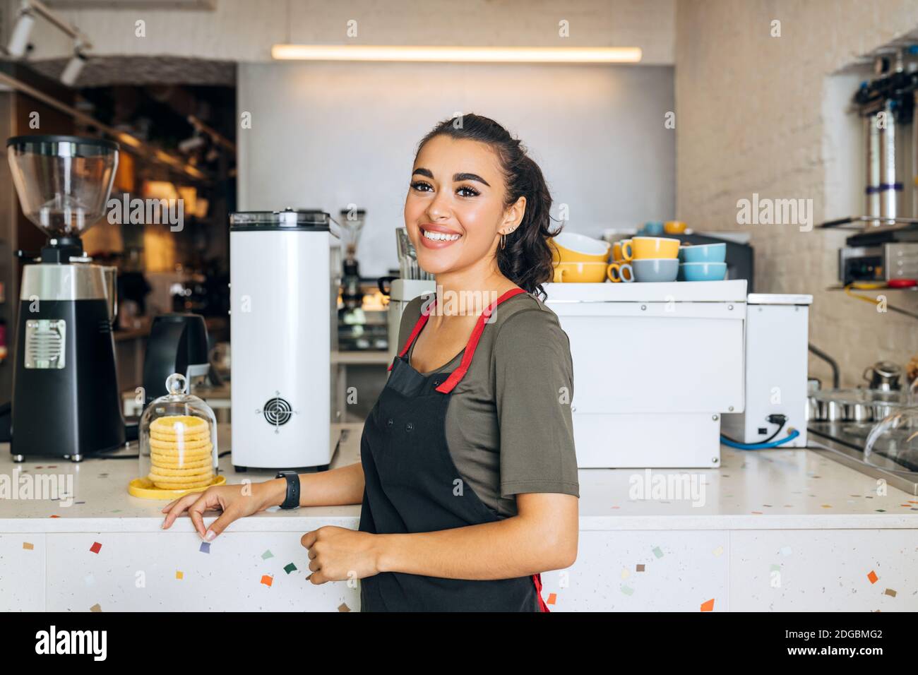Beautiful waitress standing at the counter wearing apron looking away ...