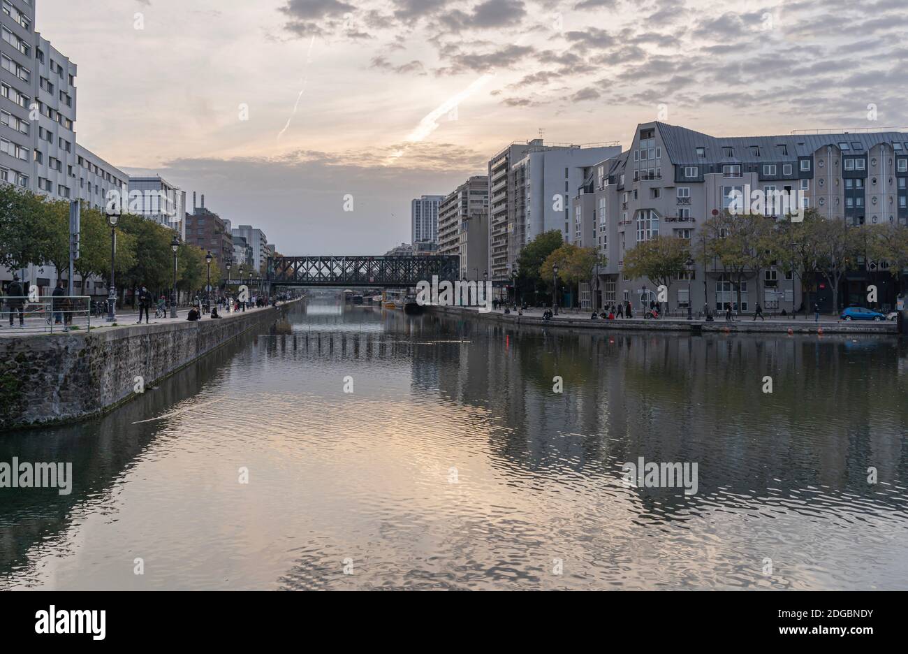 Paris, France - 11 07 2020: View of Reflections in tha Ourcq Canal from ...