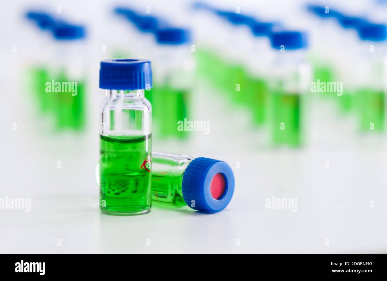 HPLC vials with green sample of plant extracts. Developing of drugs ... HPLC vials with green sample of plant extracts. Developing of drugs ...