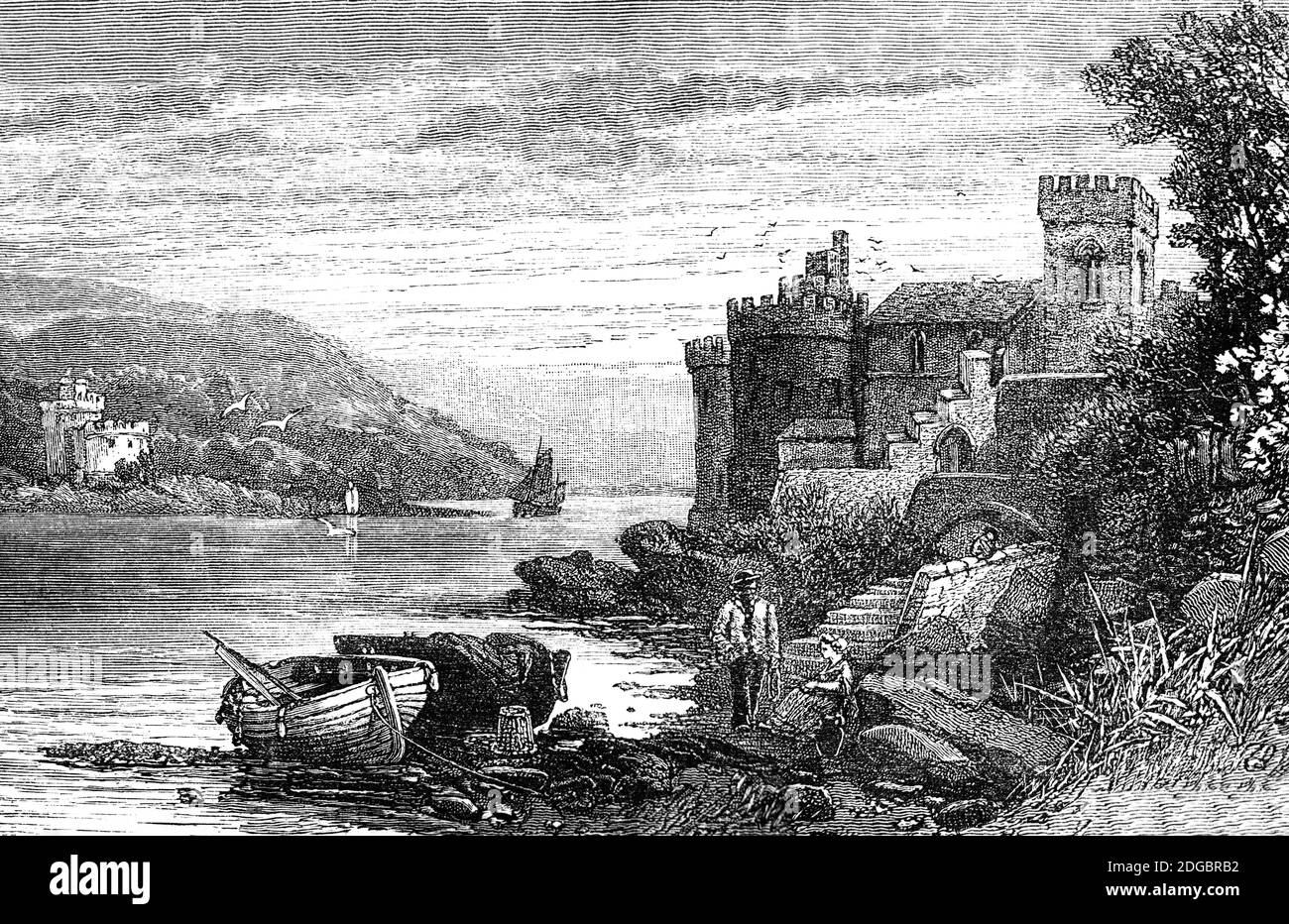 A 19th century view of Dartmouth Castle, Devon, England. An artillery ...