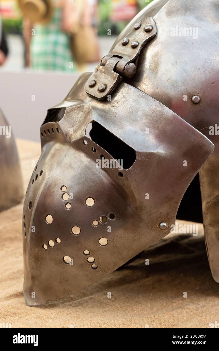 Old iron helmet of a medieval warrior part of ammunition, head ...
