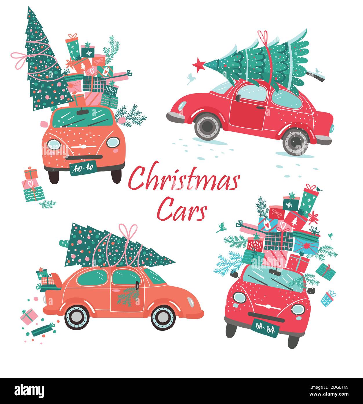Vector Christmas cars set with tree and gifts. Cutr design set icons ...