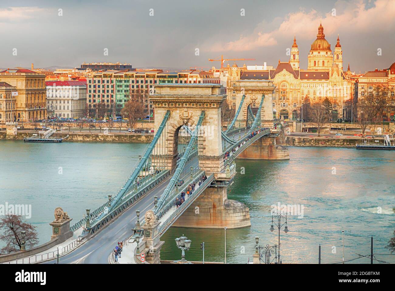 Hungary Budapest March 2018. The chain bridge view of the Basilica of ...