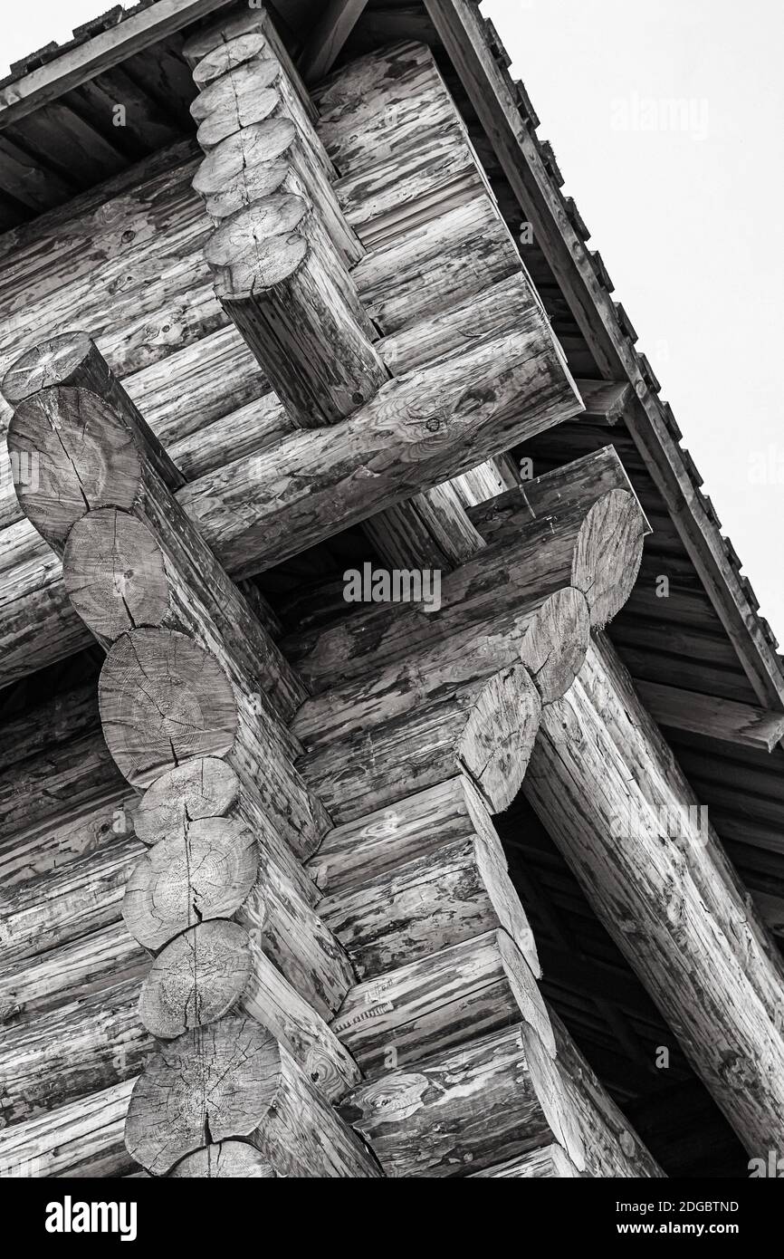 Traditional defensive building of European cities, wooden logs stained ...