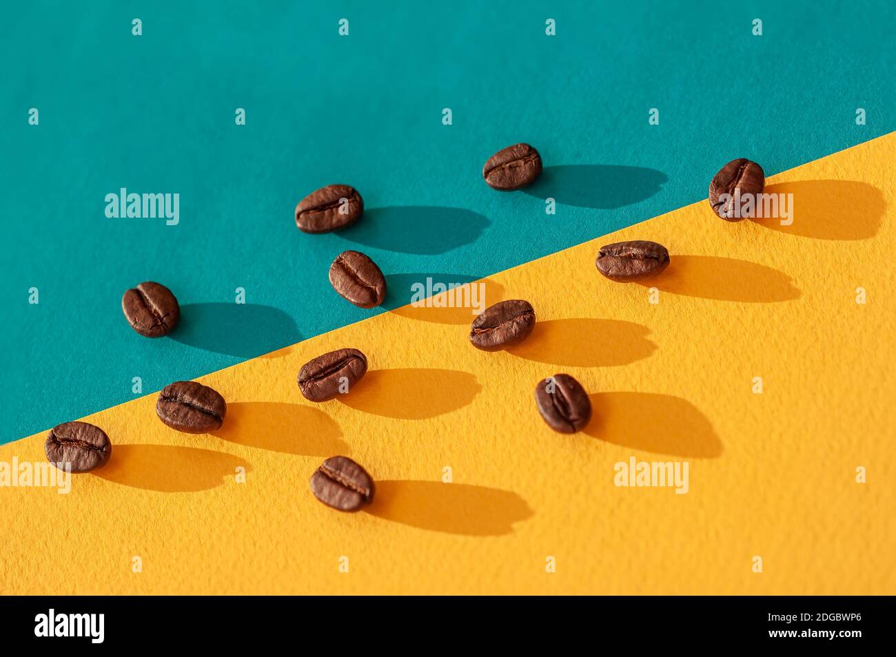Roasted coffee beans on bright bicolor, two-tone background of tropical ...
