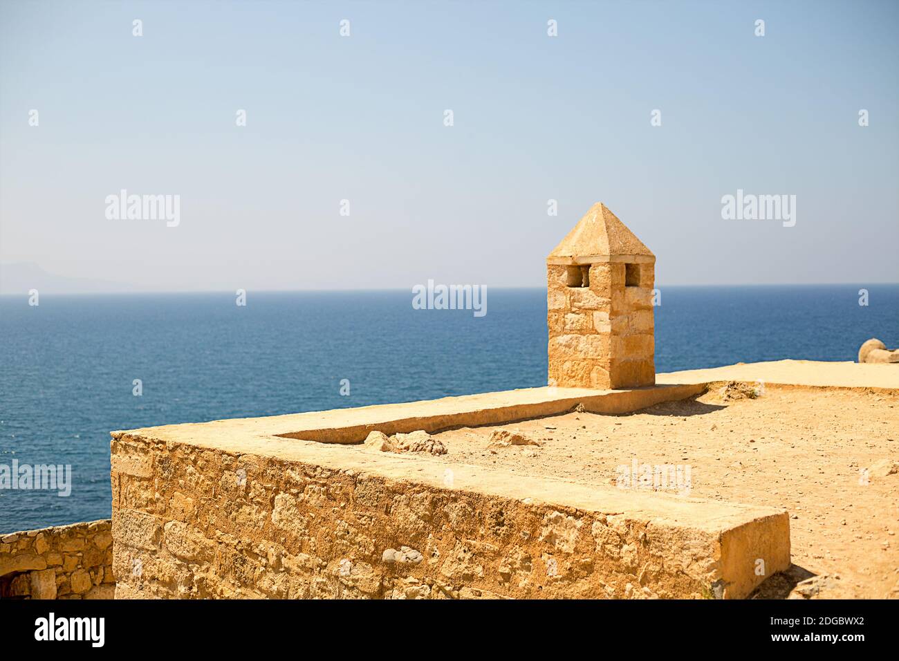 Walk along the old ruins of mediterranean coastal fort castle with a ...