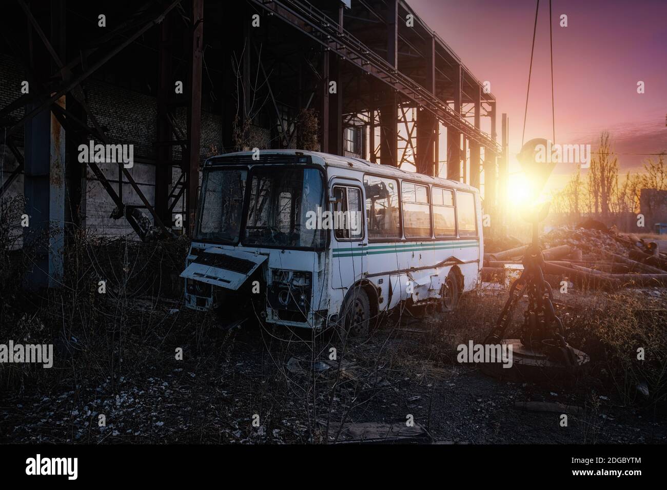 Old broken bus at abandoned industrial area Stock Photo - Alamy