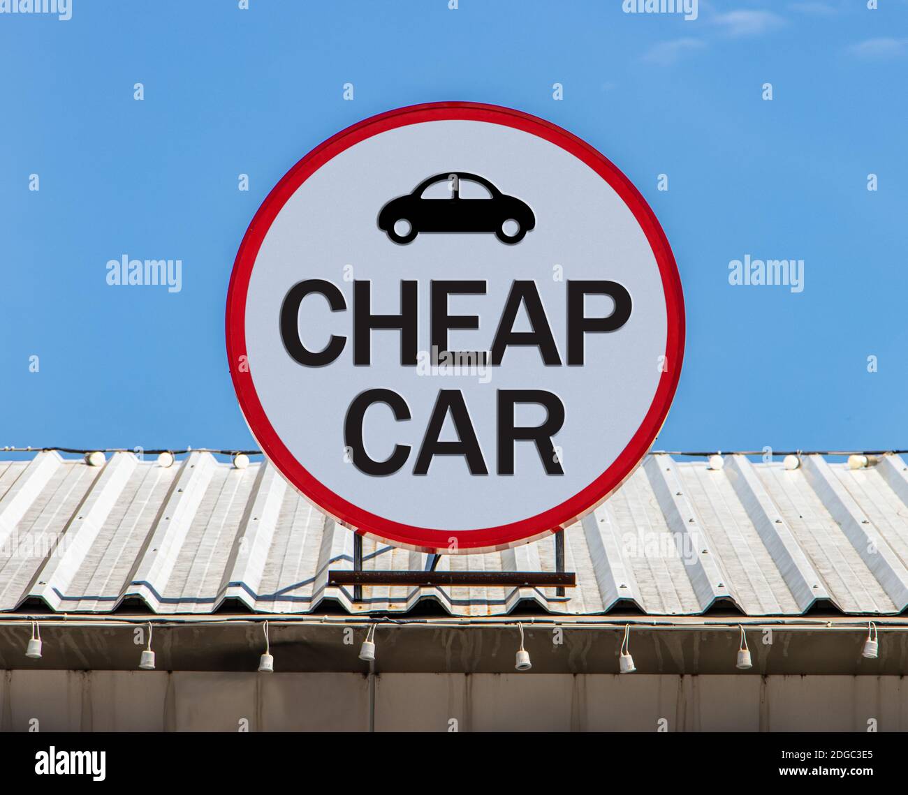 A Circle billboard with text Cheap car, is installed on a roof. Offer ...