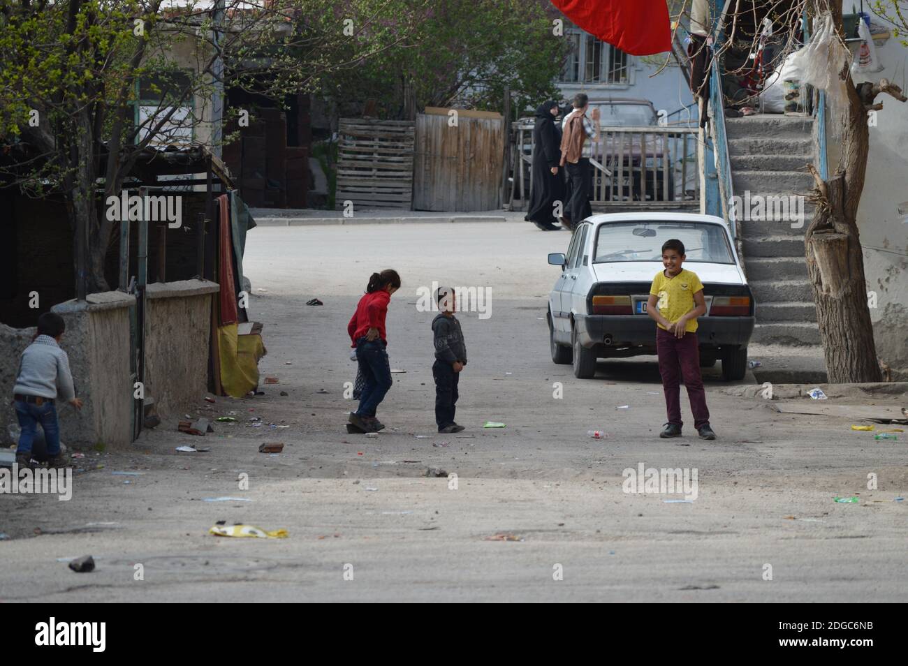 Syrian children play on the street in Onder neighborhood, also known as ...