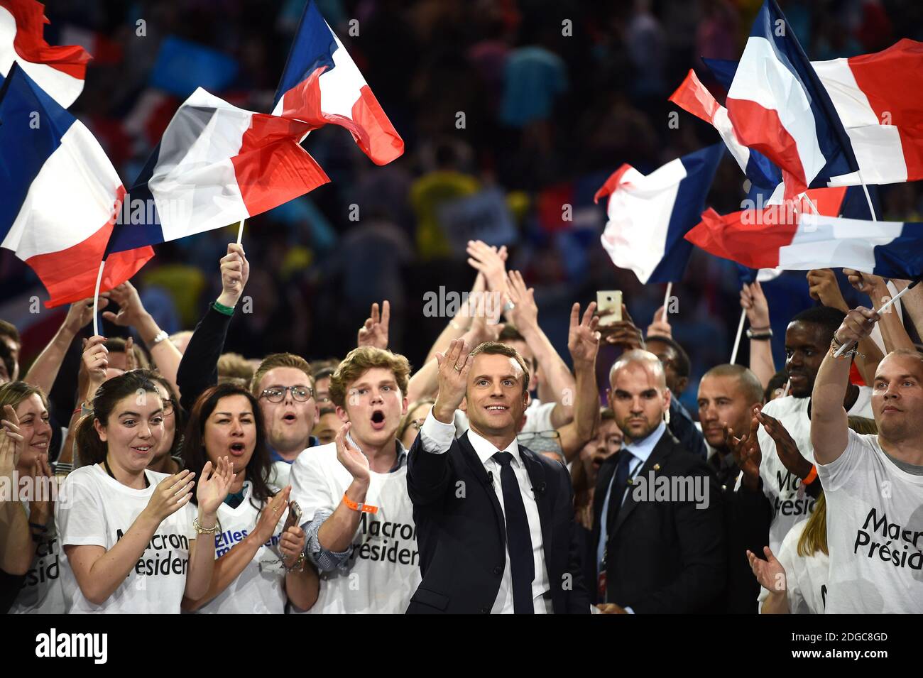 French presidential candidate Emmanuel Macron gestures as he delivers a ...