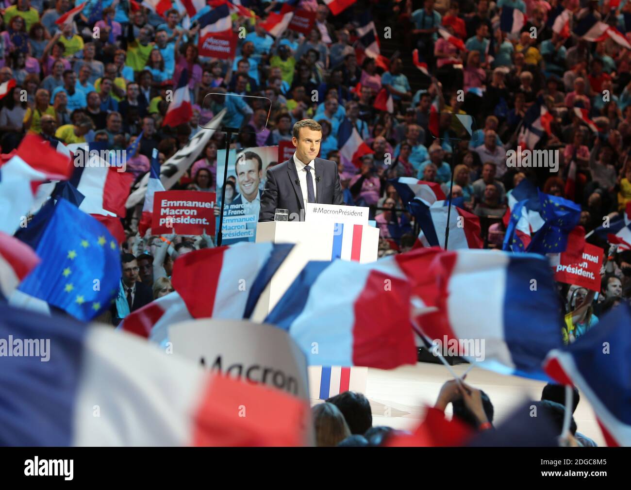 French presidential candidate Emmanuel Macron gestures as he delivers a ...