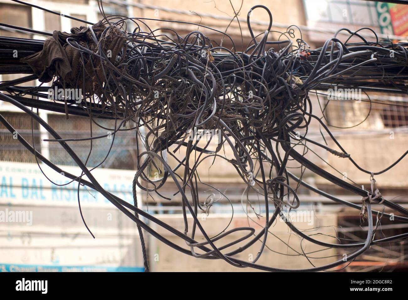 Spaghetti junction. Tangled mass of overhead electrical and ...