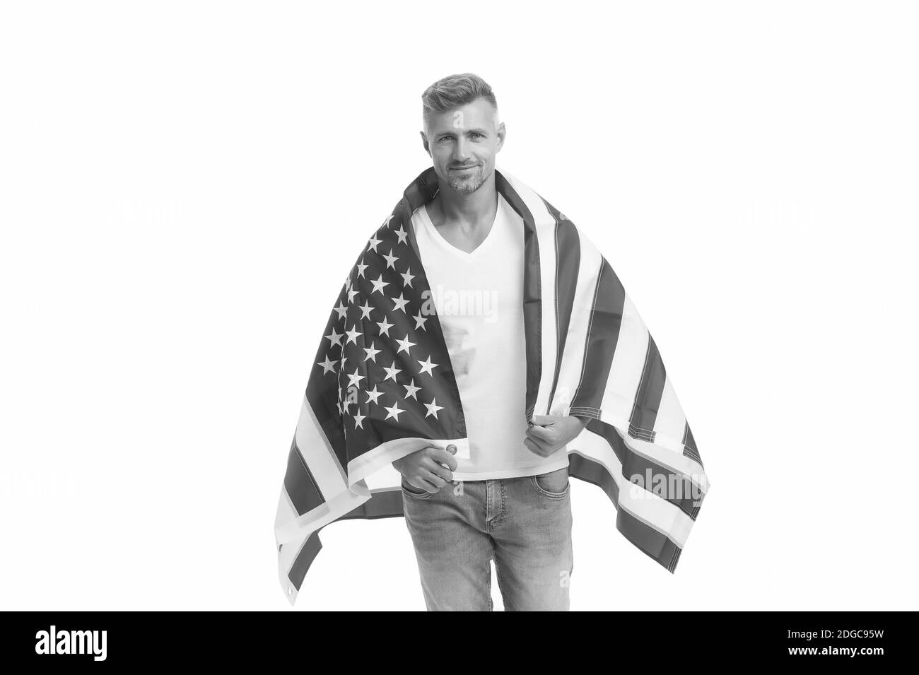 One flag one land. Happy man wear american flag. American patriot ...