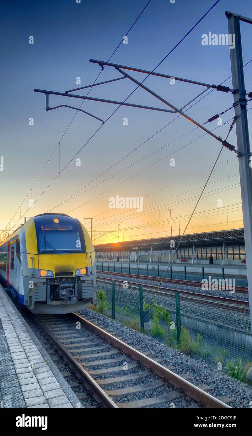Brecht, Belgium - June 2019: A commuter train in the Noorderkempen ...