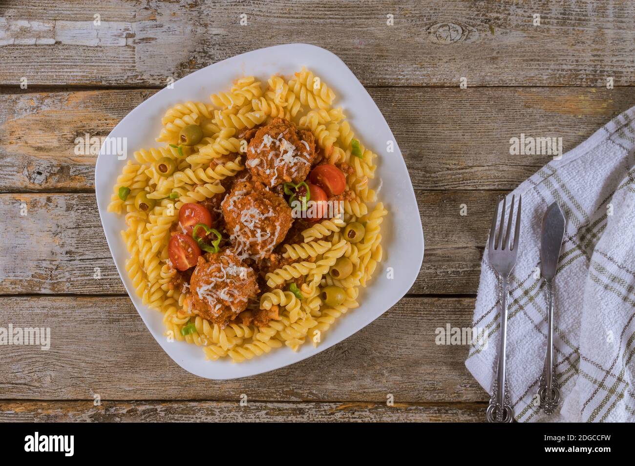 Rotini pasta with meatballs and marinara. Top view Stock Photo - Alamy
