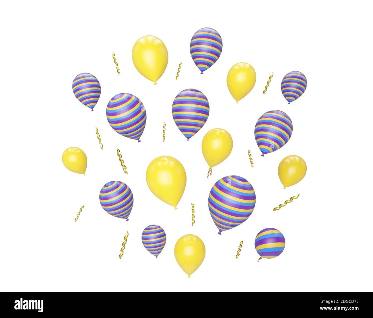 Many flying yellow and striped color balloons isolated on white, 3d ...