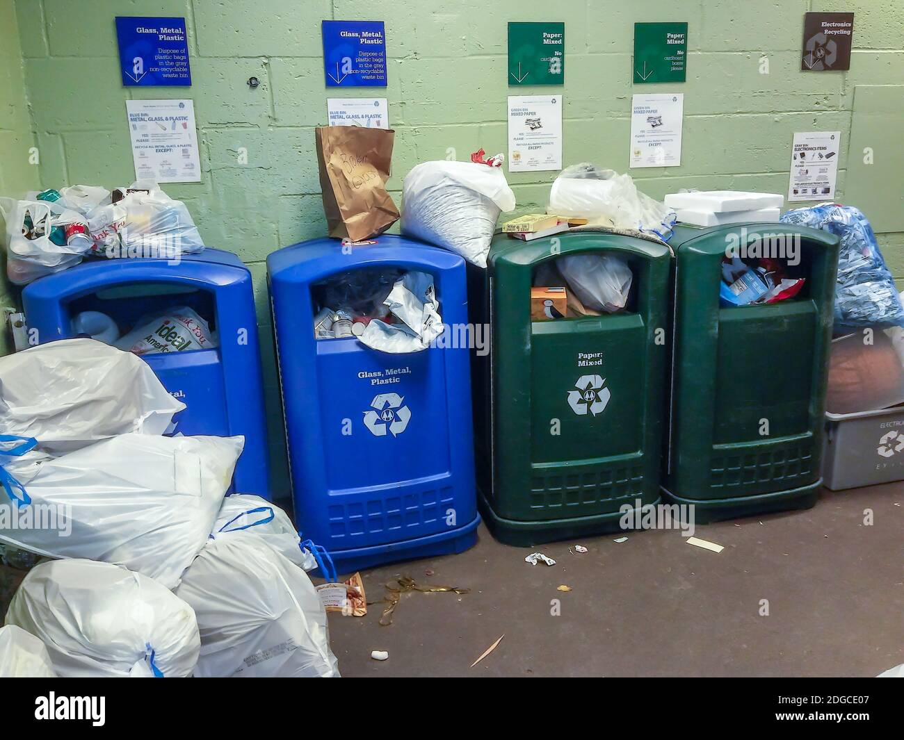 Overflowing recycling area of an apartment building in New York on ...