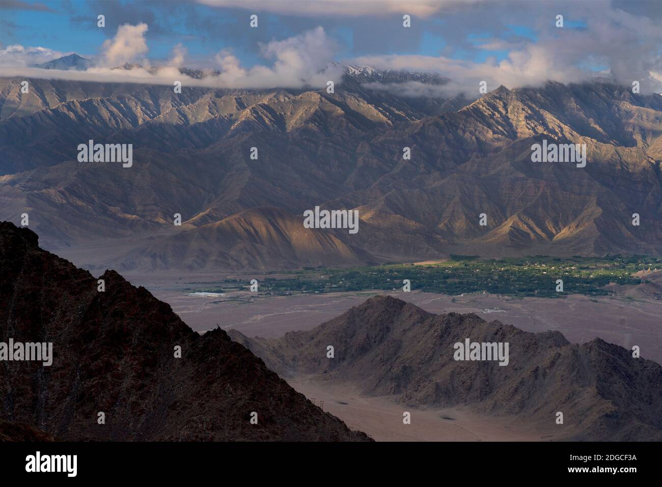 Early morning view of the Leh valley and Himalayan mountain backdrop ...