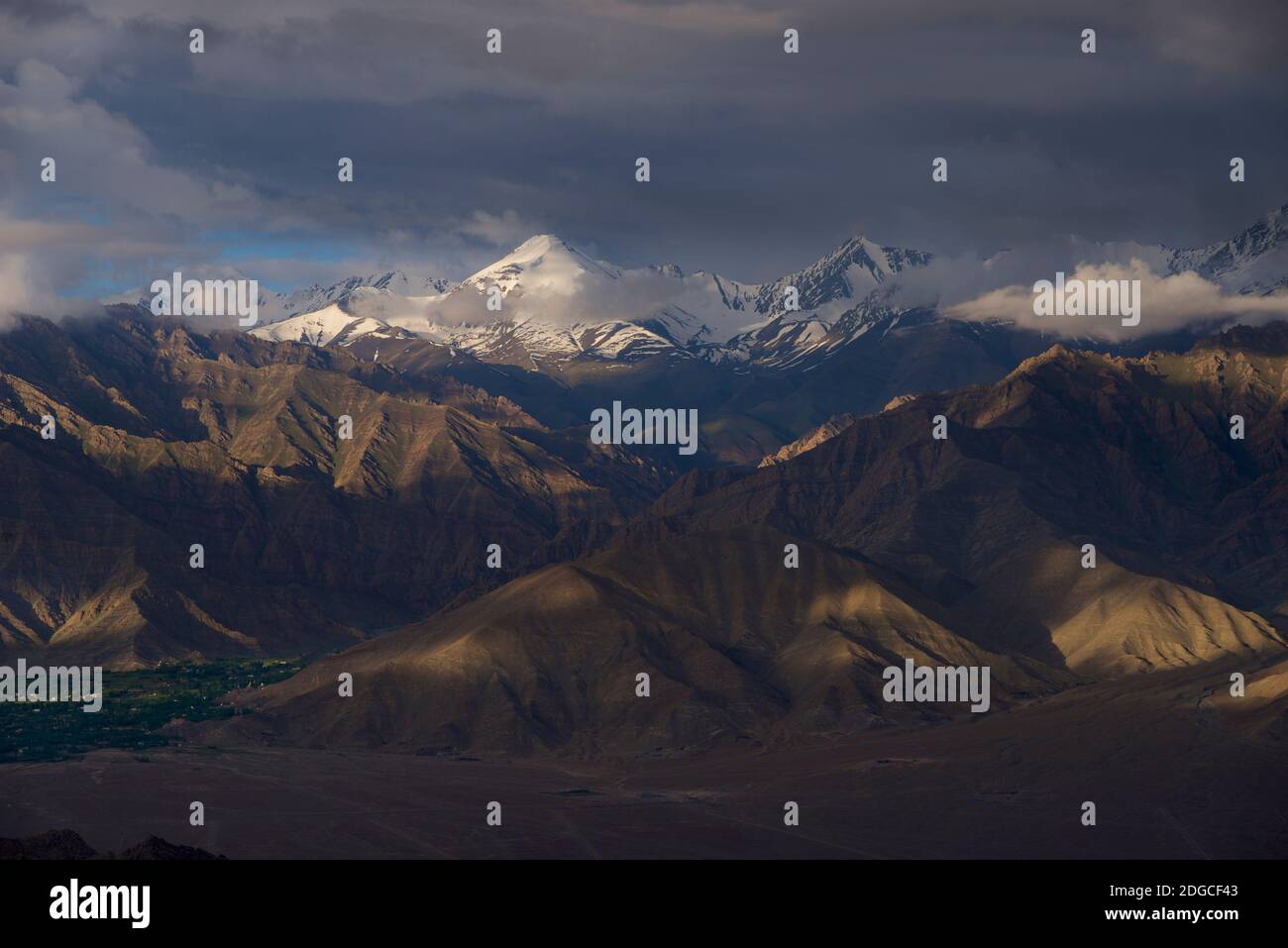Early morning view of the Leh valley and Himalayan mountain backdrop ...