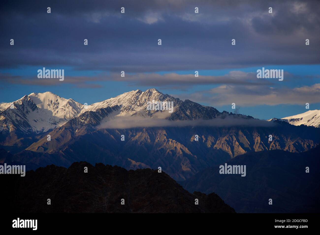 Early morning view of the Leh valley and Himalayan mountain backdrop ...