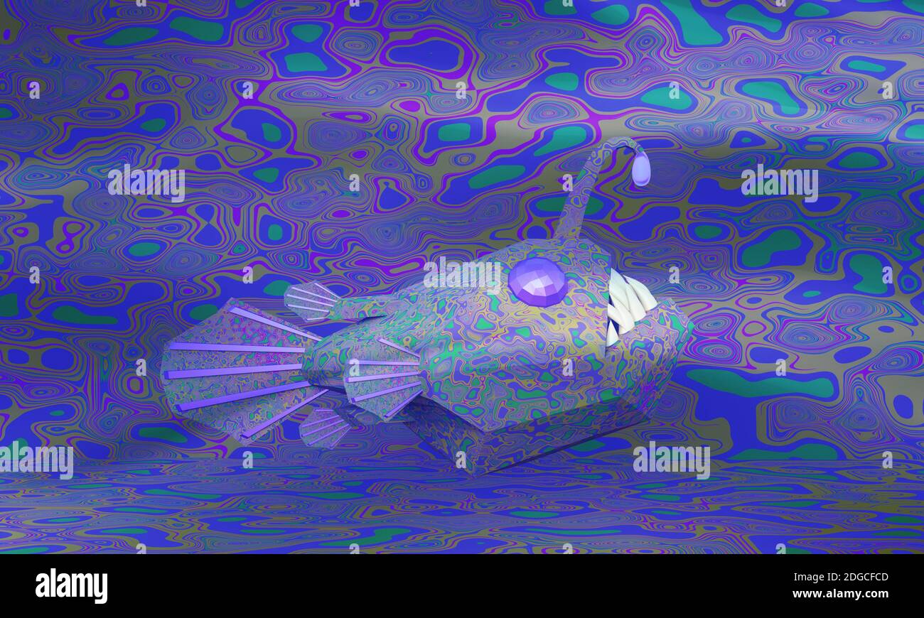 A bright multicolored angry deep-sea angler fish with sharp teeth. 3d ...