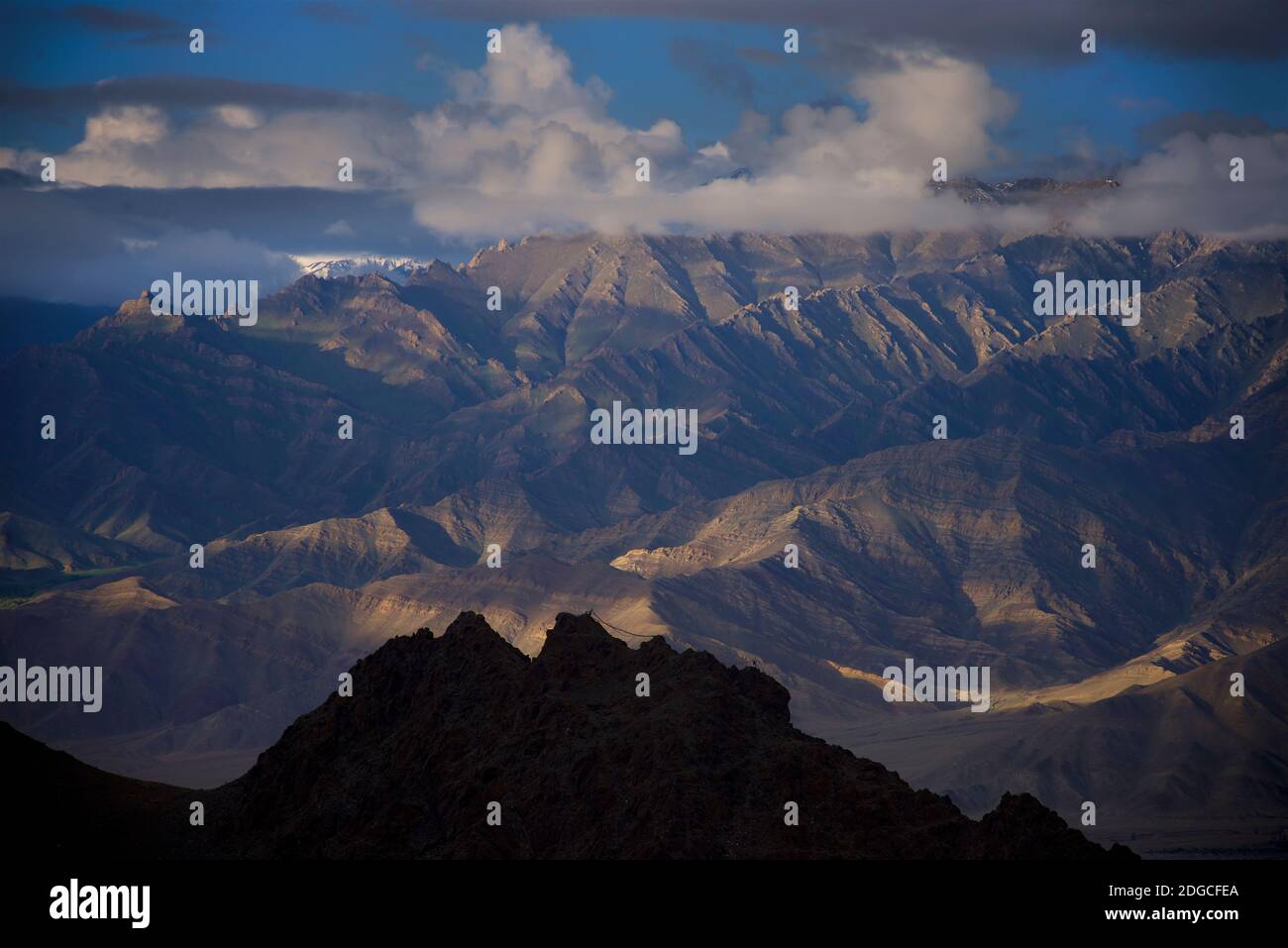 Early morning view of the Leh valley and Himalayan mountain backdrop ...