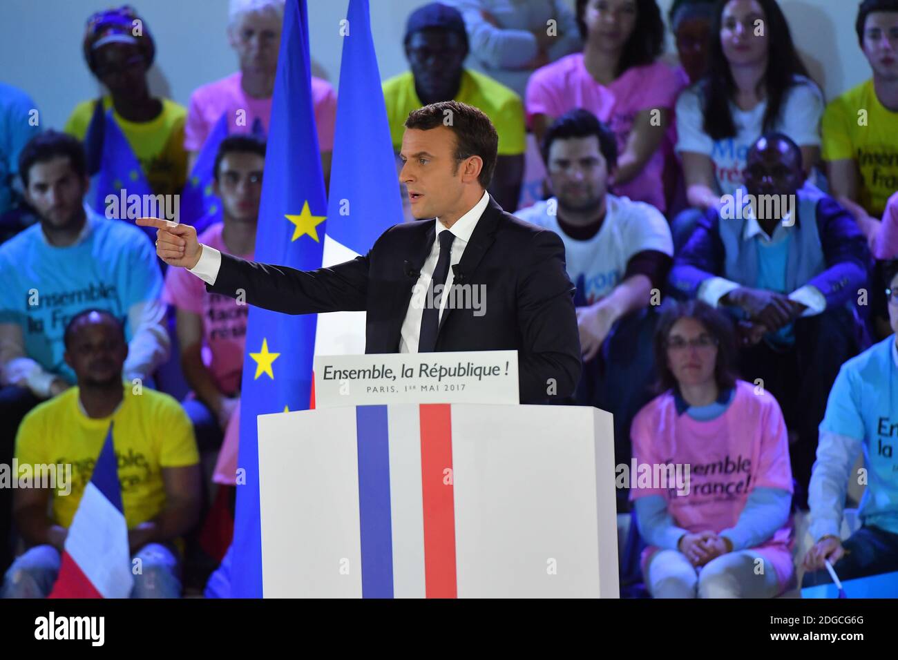 Presidential Candidate Emmanuel Macron on stage during a political ...