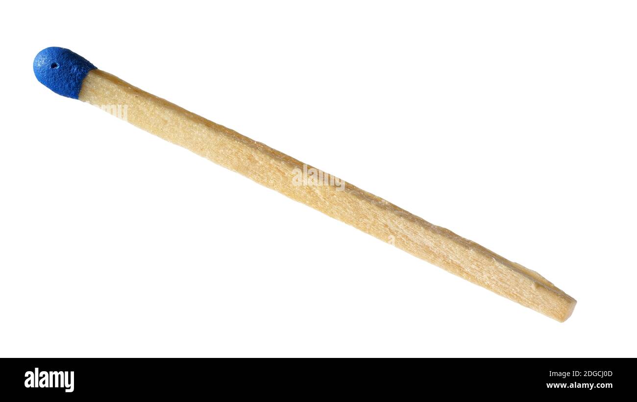 Single match with blue head, closeup detail photo isolated on white ...