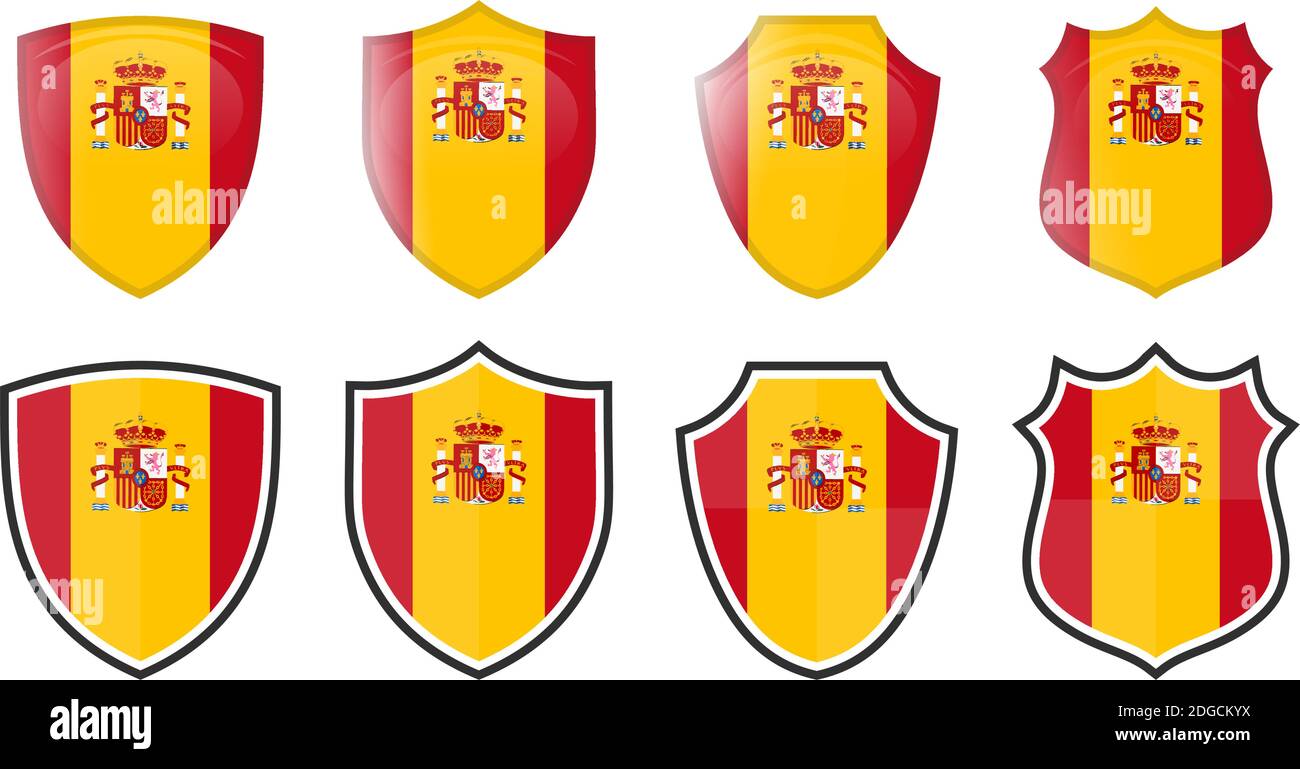 Vertical Spain flag in shield shape, four 3d and simple versions ...