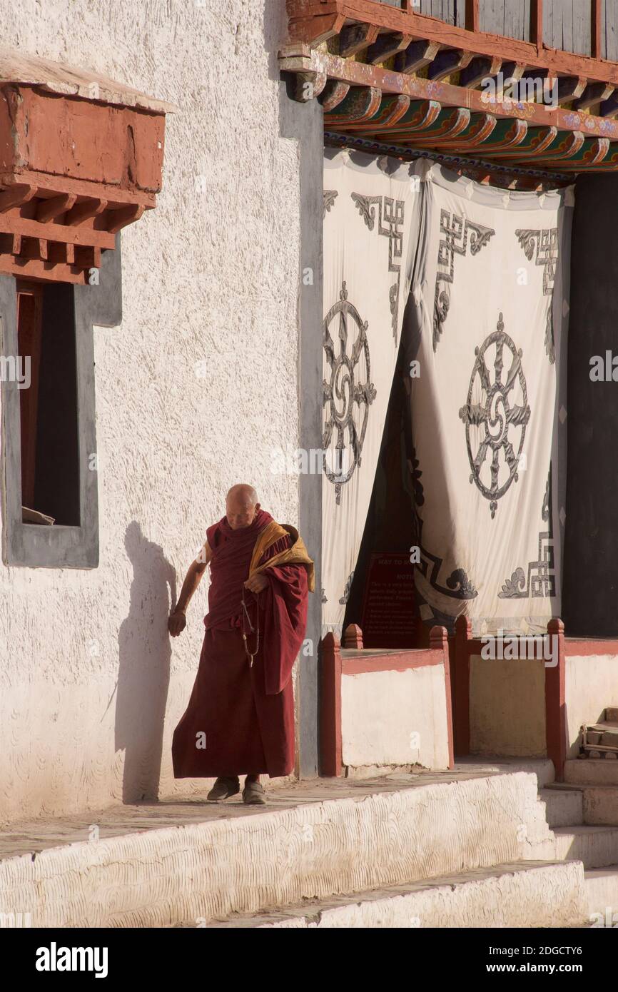 Early morning at Hemis monastery. A monk heading to the prayer hall ...