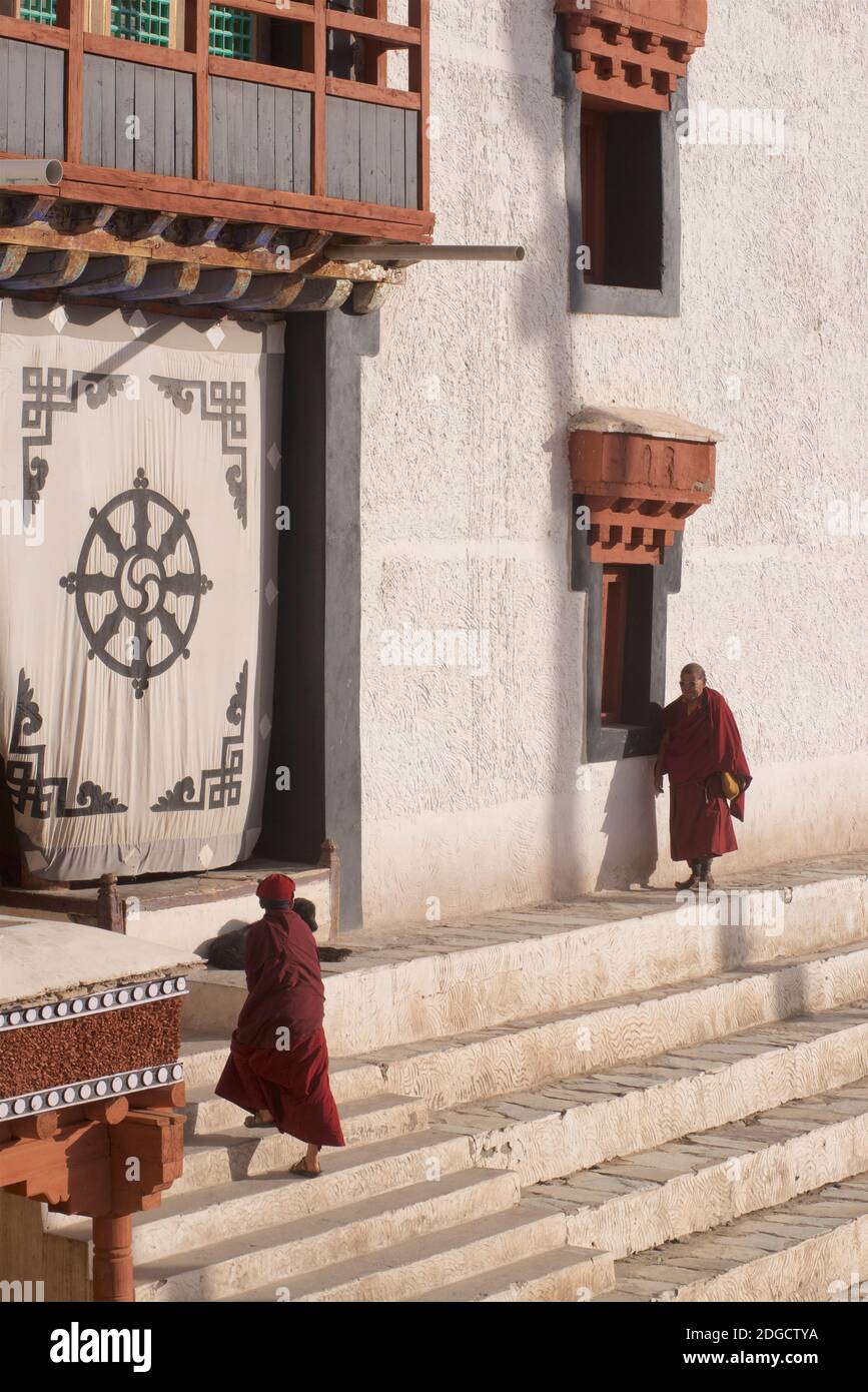 Early morning at Hemis monastery.Two monks heading to the prayer hall ...