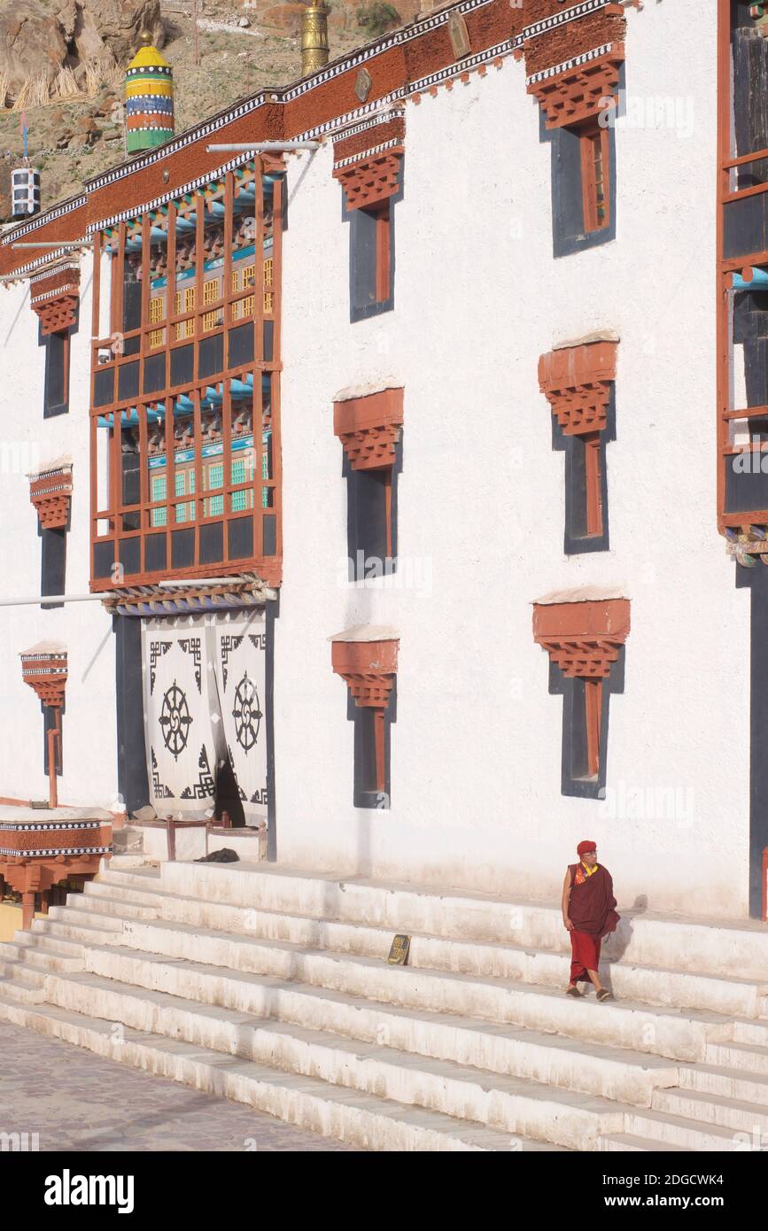 Early morning at Hemis monastery. A monk heading to the prayer hall ...